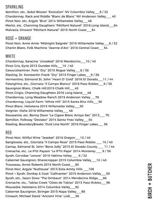 Menu at Birch + Butcher restaurant, Milwaukee