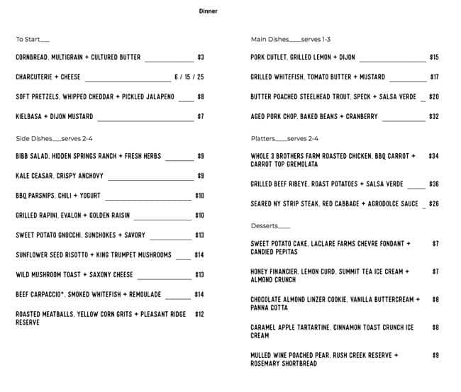 Menu at Birch + Butcher restaurant, Milwaukee