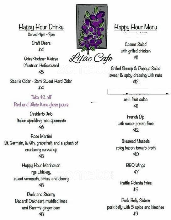 Menu at Lilac Cafe, Kirkland