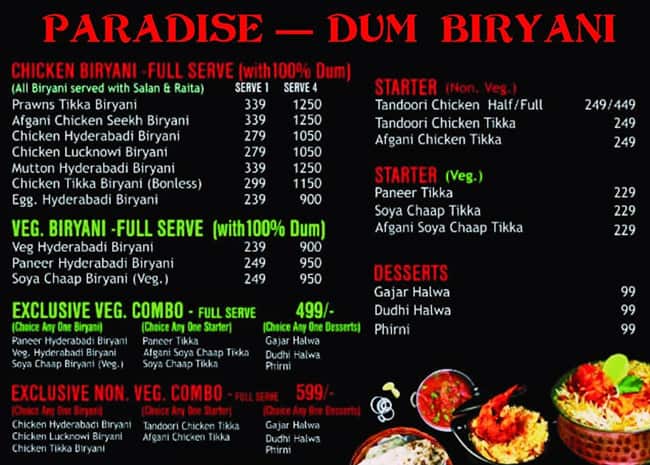 Menu of Paradise Dum Biryani, Vikhroli, Mumbai