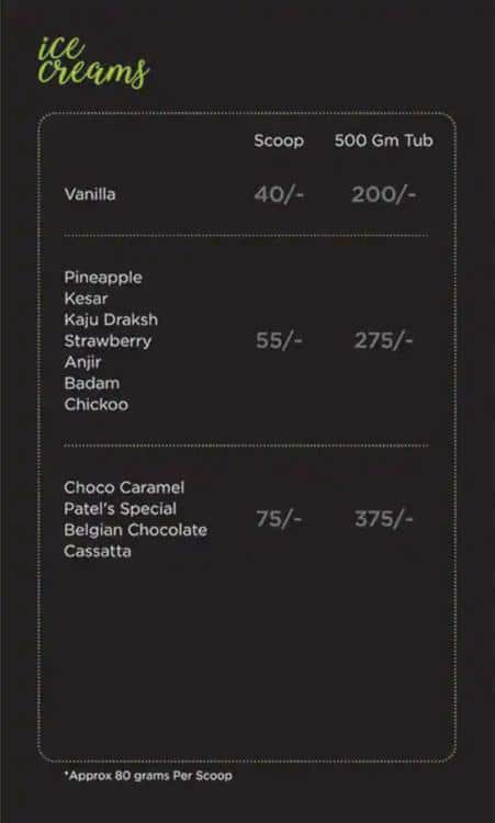Menu of Patel Ice Cream, Nana Mava, Rajkot