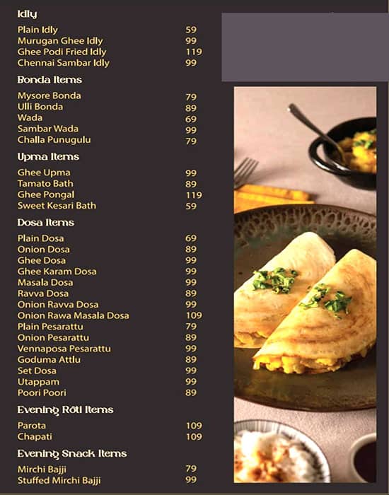 Menu at Murugan vilas, Hyderabad