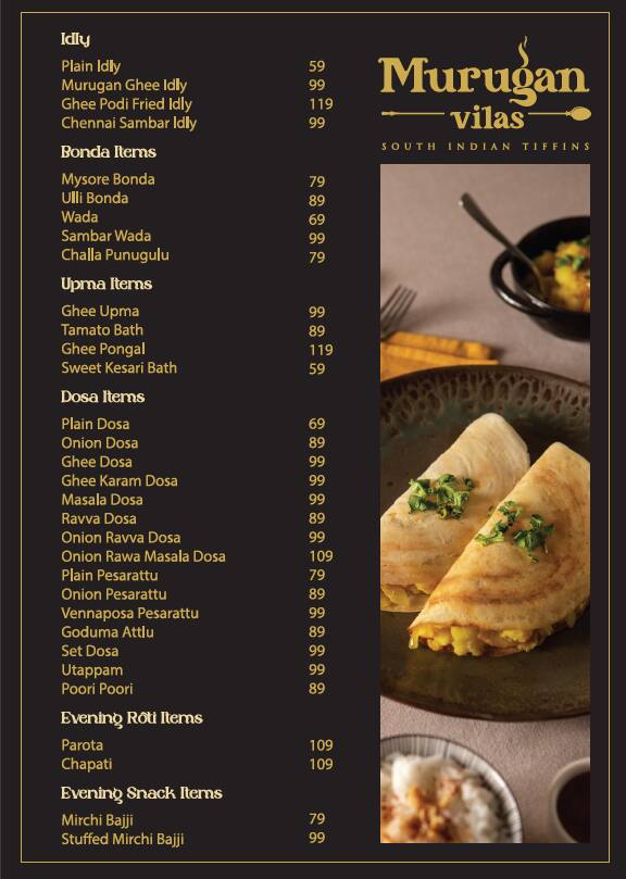 Menu of Murugan Vilas, Gandipet, Hyderabad