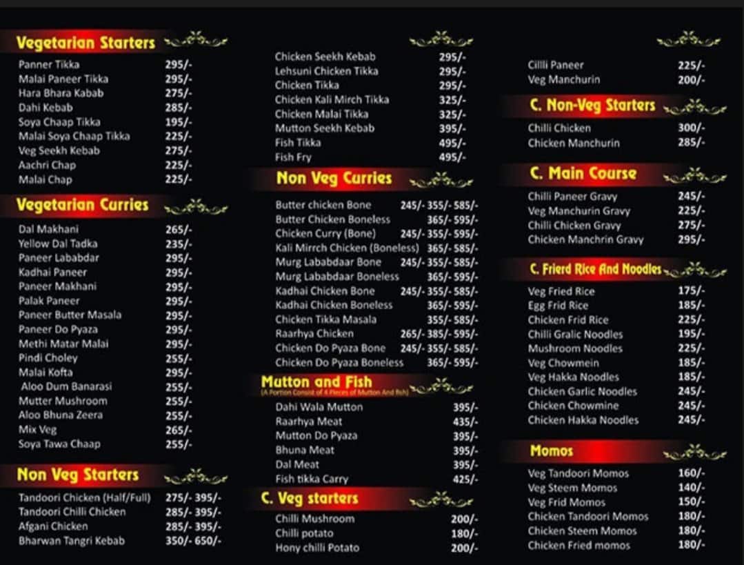 Menu of Maihang, Chanakyapuri, New Delhi