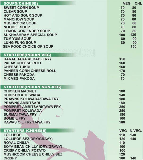 Menu at Sukhashram, Thane, Kalika Tower Kolbad Road