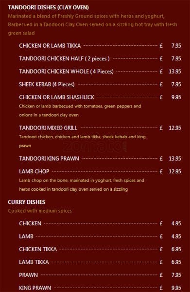 Menu at Standard Balti House restaurant, London, 71 Brick Ln