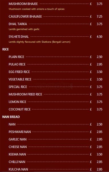 Menu at Standard Balti House restaurant, London, 71 Brick Ln