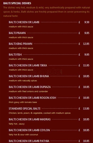 Menu at Standard Balti House restaurant, London, 71 Brick Ln