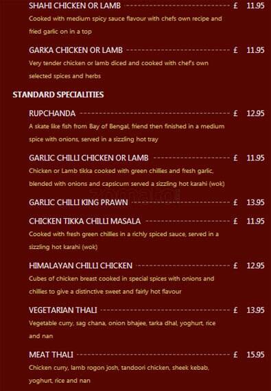 Menu at Standard Balti House restaurant, London, 71 Brick Ln
