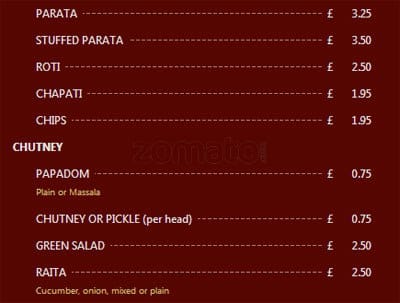 Menu at Standard Balti House restaurant, London, 71 Brick Ln