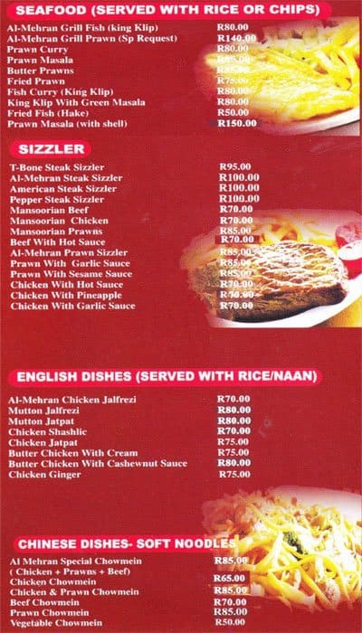 Menu at Al Mehran Restaurant, Boksburg