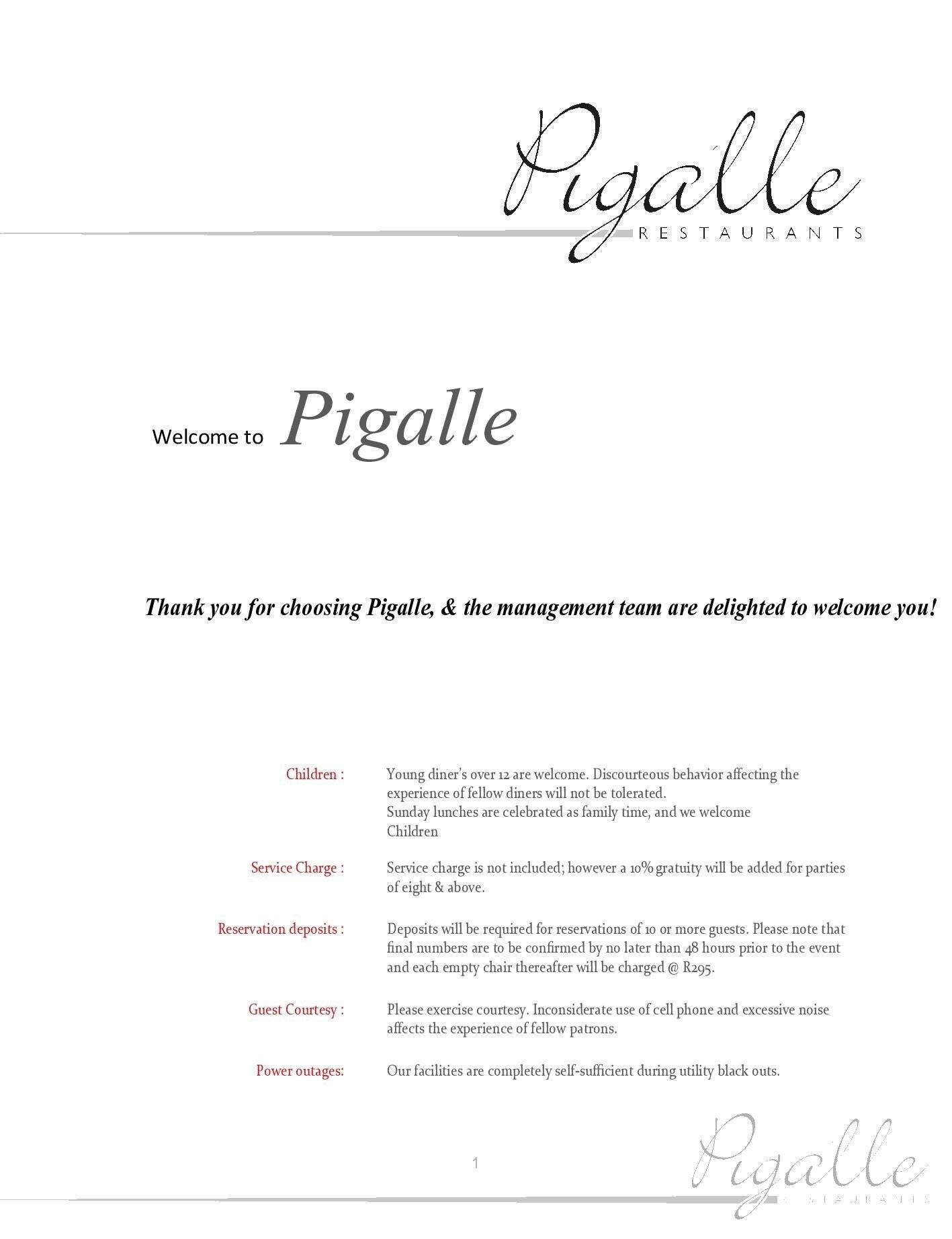 Menu at Pigalle Restaurant-Sandton, Sandton, UO9