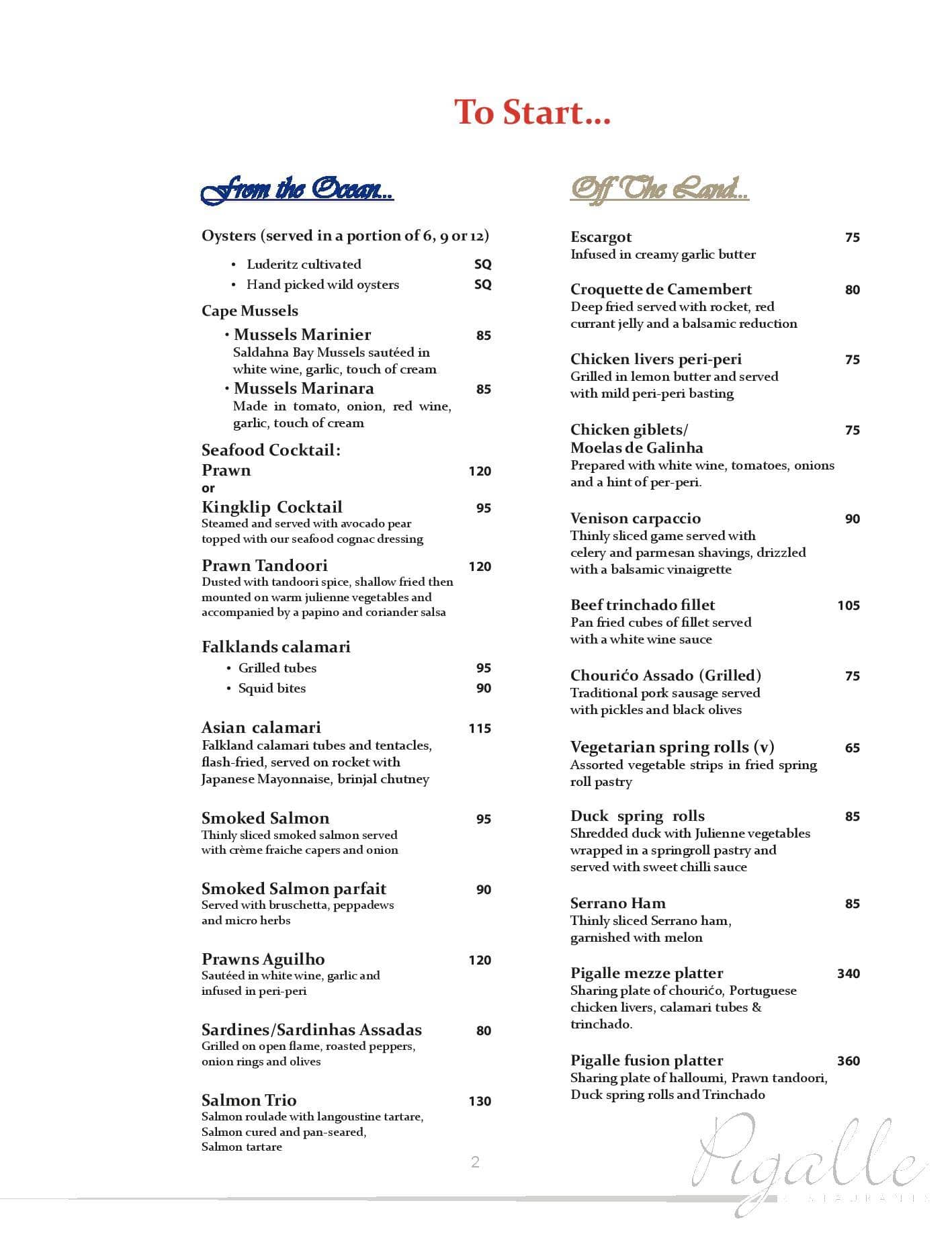 Menu at Pigalle Restaurant-Sandton, Sandton, UO9