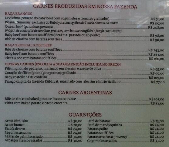 Menu at Figueira Rubaiyat steakhouse, São Paulo