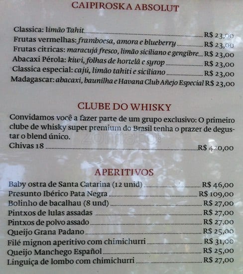 Menu at Figueira Rubaiyat steakhouse, São Paulo