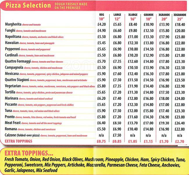 Menu at Bella roma pizzeria, Edinburgh