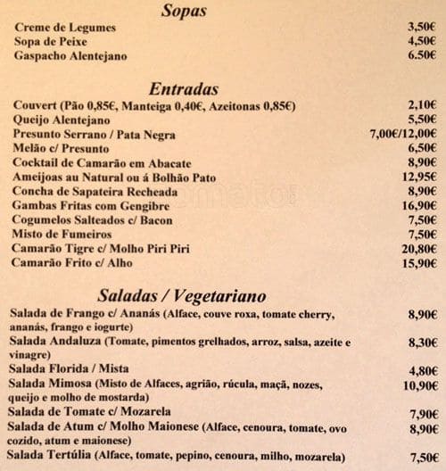 Menu em Tertulia Do Tejo restaurante, Lisboa