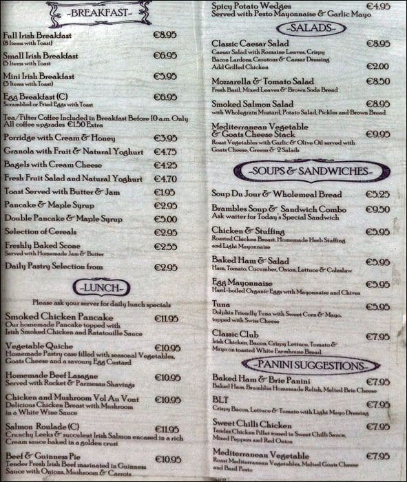Menu at Brambles cafe, Dublin, P