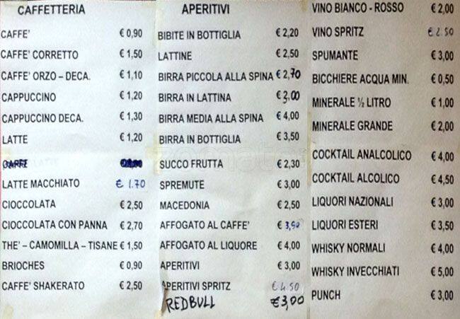 Menu da bar Zurigo, Milano
