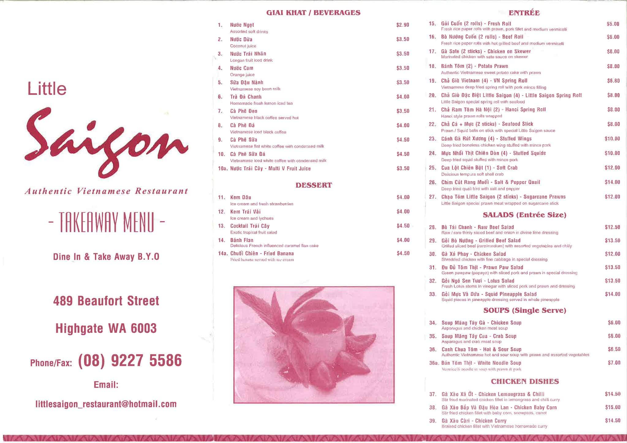 Menu at Little Saigon restaurant, Perth, 489 Beaufort St