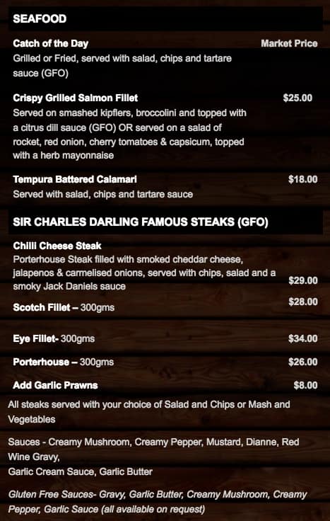 Menu at Sir Charles Darling Hotel pub & bar, Geelong