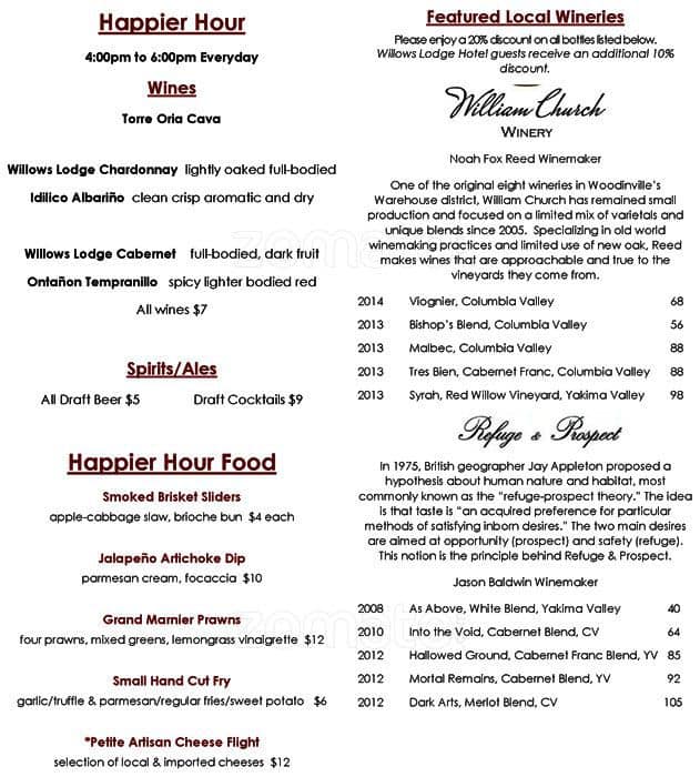 Menu at Fireside Lounge at Willows Lodge pub & bar, Woodinville