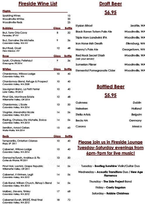 Menu at Fireside Lounge at Willows Lodge pub & bar, Woodinville