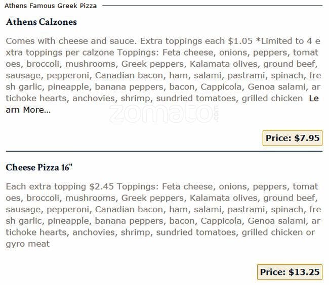 Menu at Athens Pizza pizzeria, Decatur, Clairmont Rd