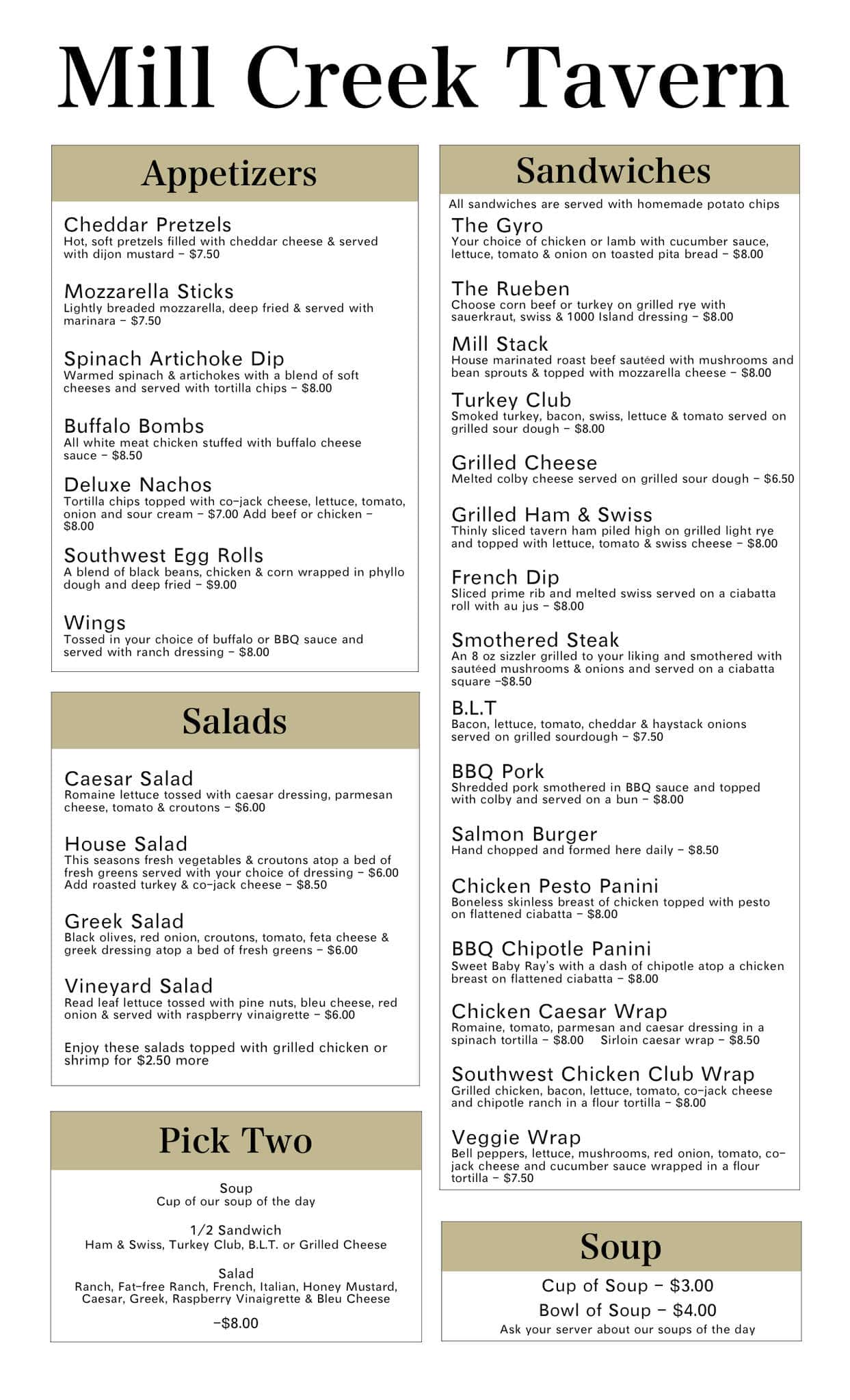 Menu at Mill Creek Tavern pub & bar, Comstock Park, W River Dr NE
