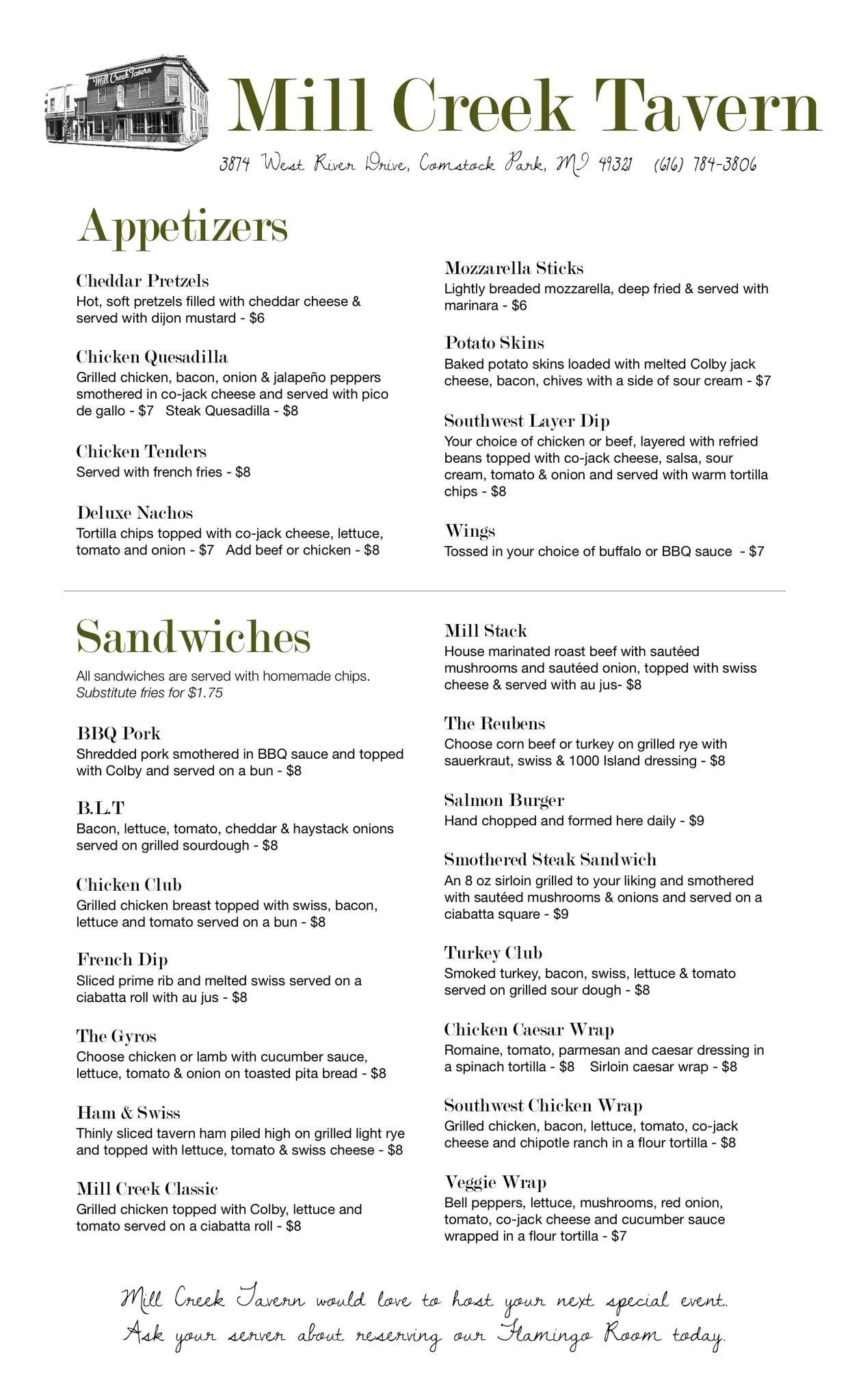 Menu at Mill Creek Tavern pub & bar, Comstock Park, W River Dr NE