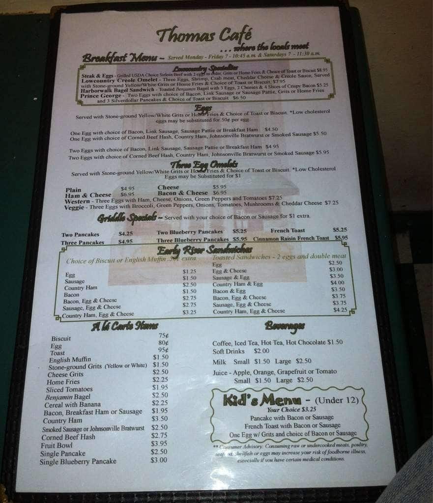 Menu at Thomas Cafe, Georgetown