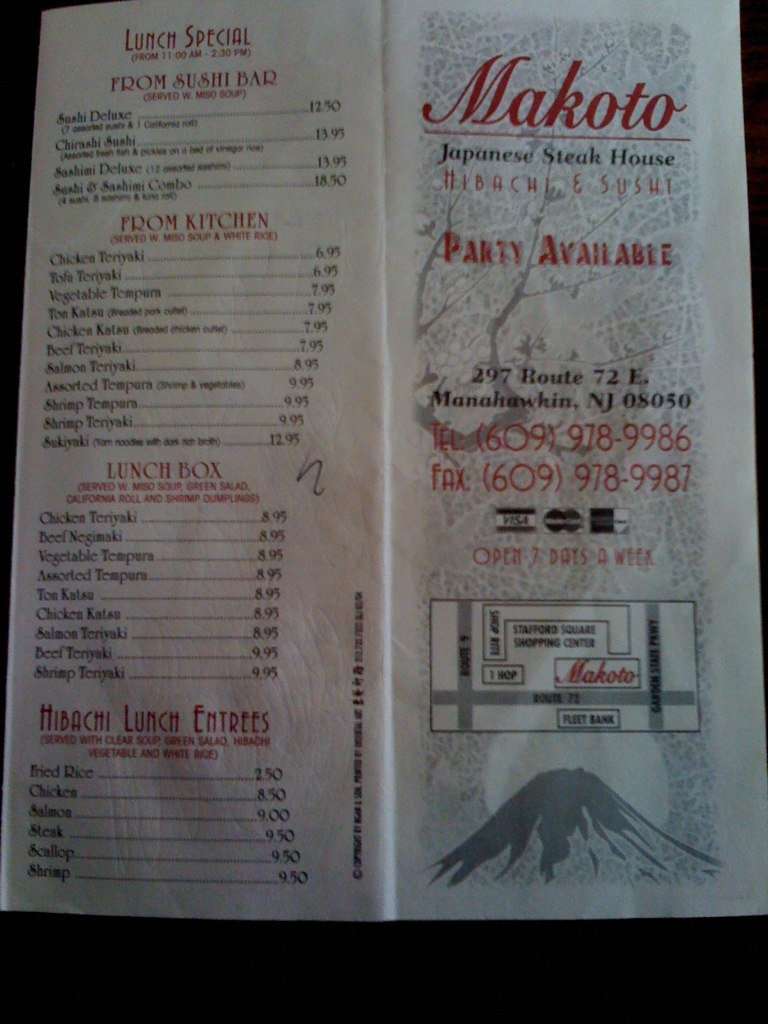 Menu at Makoto Japanese Steak House restaurant, Stafford Township, 575 ...