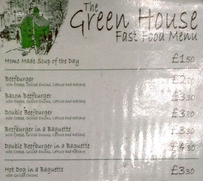 Menu at Green house cafe, London