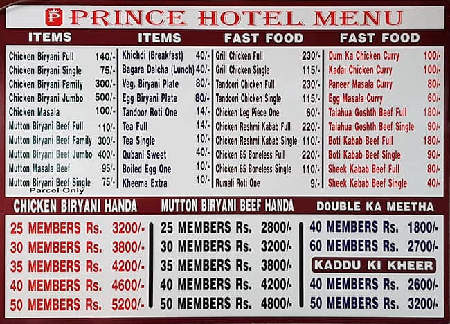Menu of Prince Hotel, Mehdipatnam, Hyderabad