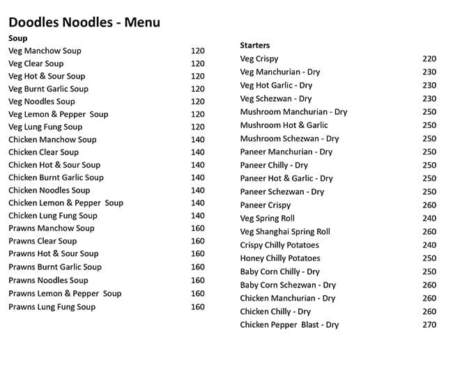 Menu of Doodles Noodles, Powai, Mumbai
