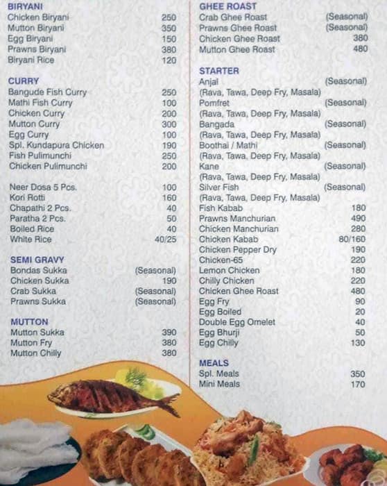 Menu of Karavali Leela, Jayanagar, Bangalore