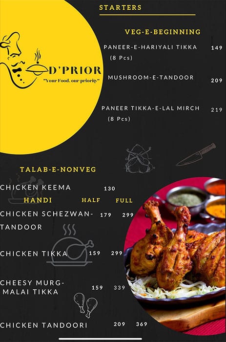 Menu of D’Prior, Balewadi, Pune