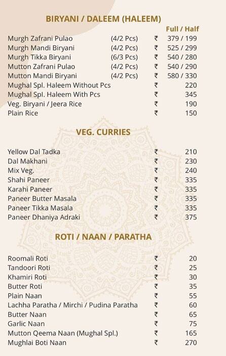 Menu at Mughal Cuisine Foods, New Delhi, Thokar No.3