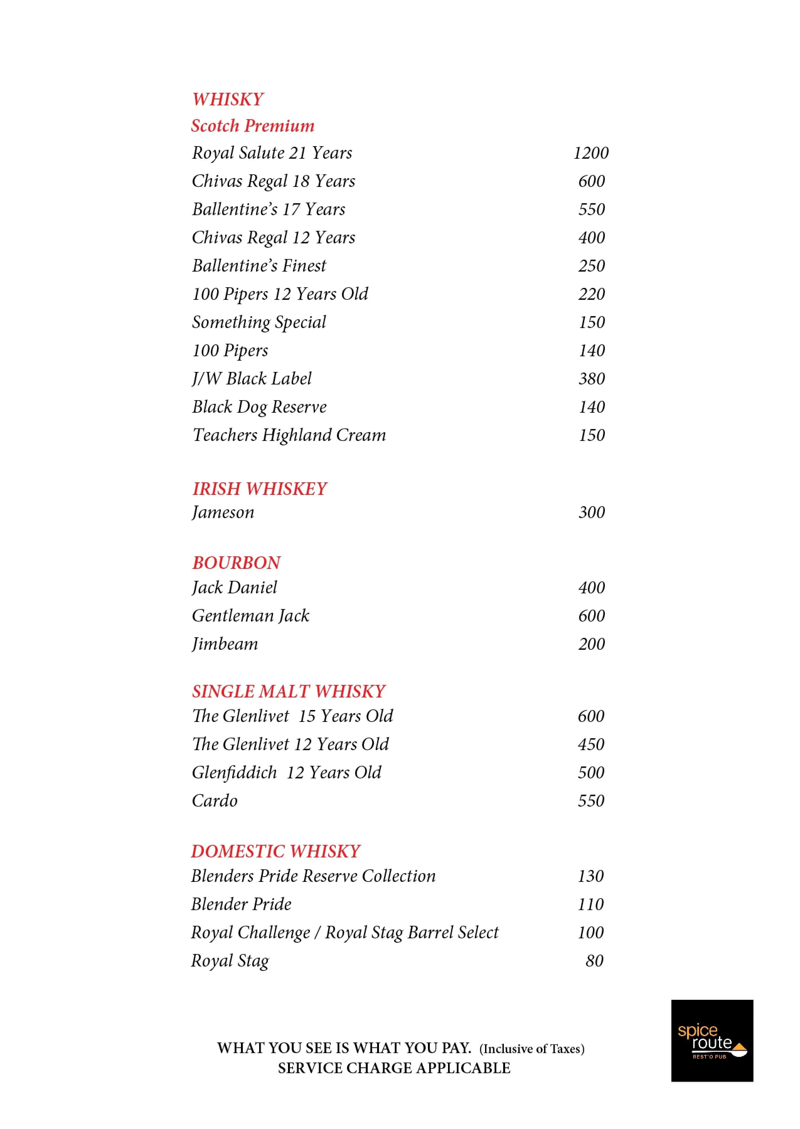 Menu at Spice Route, Puducherry