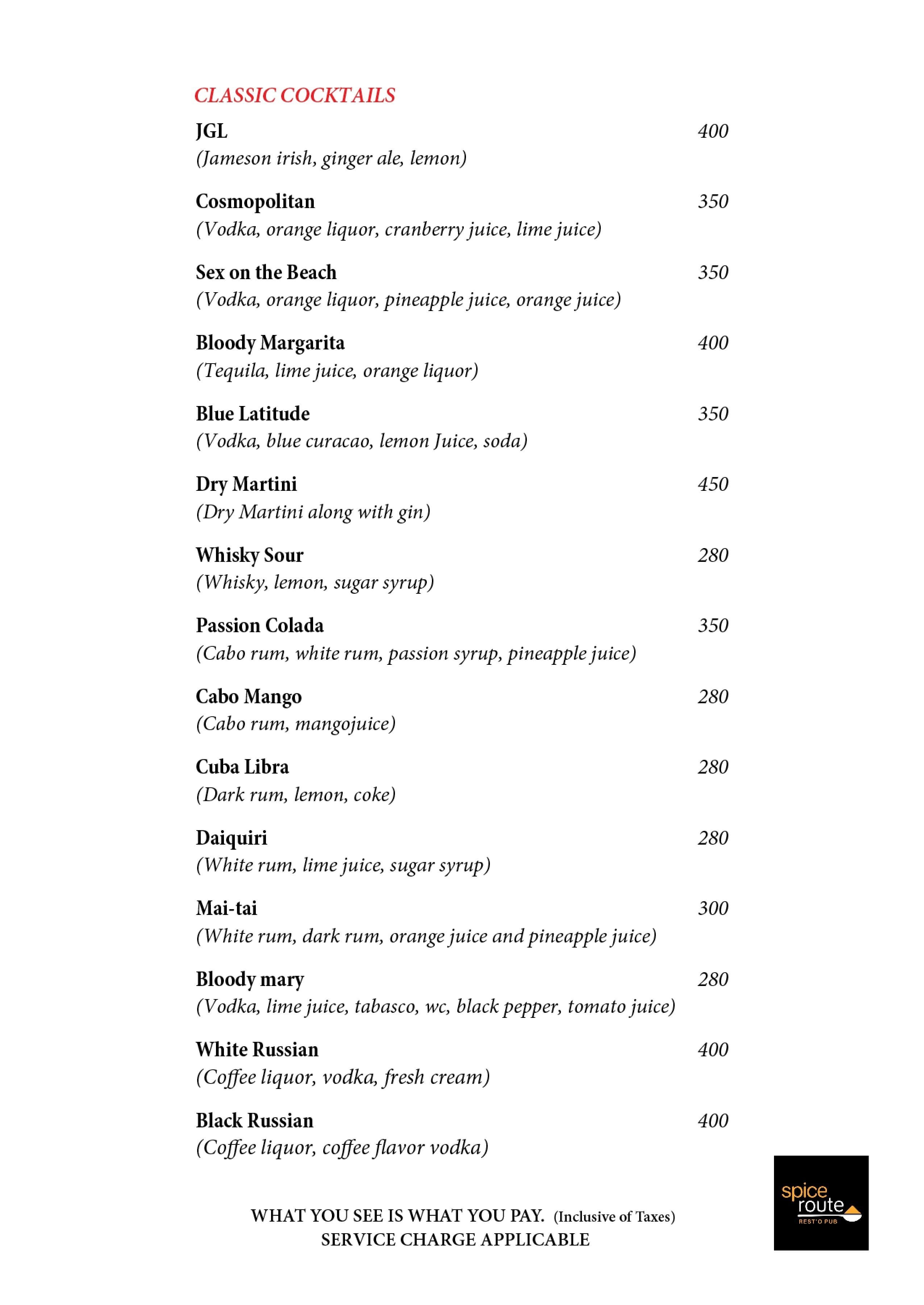 Menu at Spice Route, Puducherry