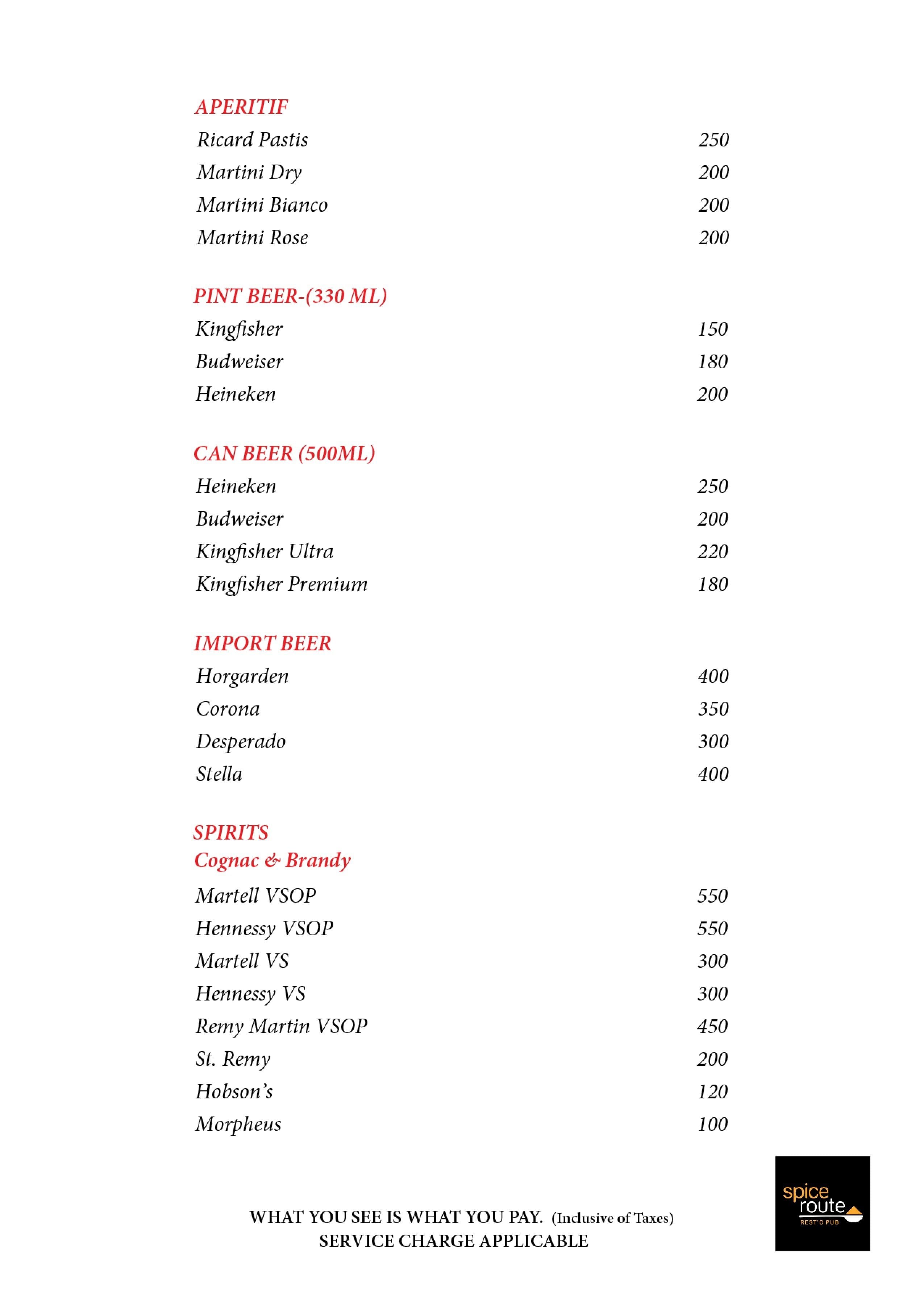 Menu at Spice Route, Puducherry