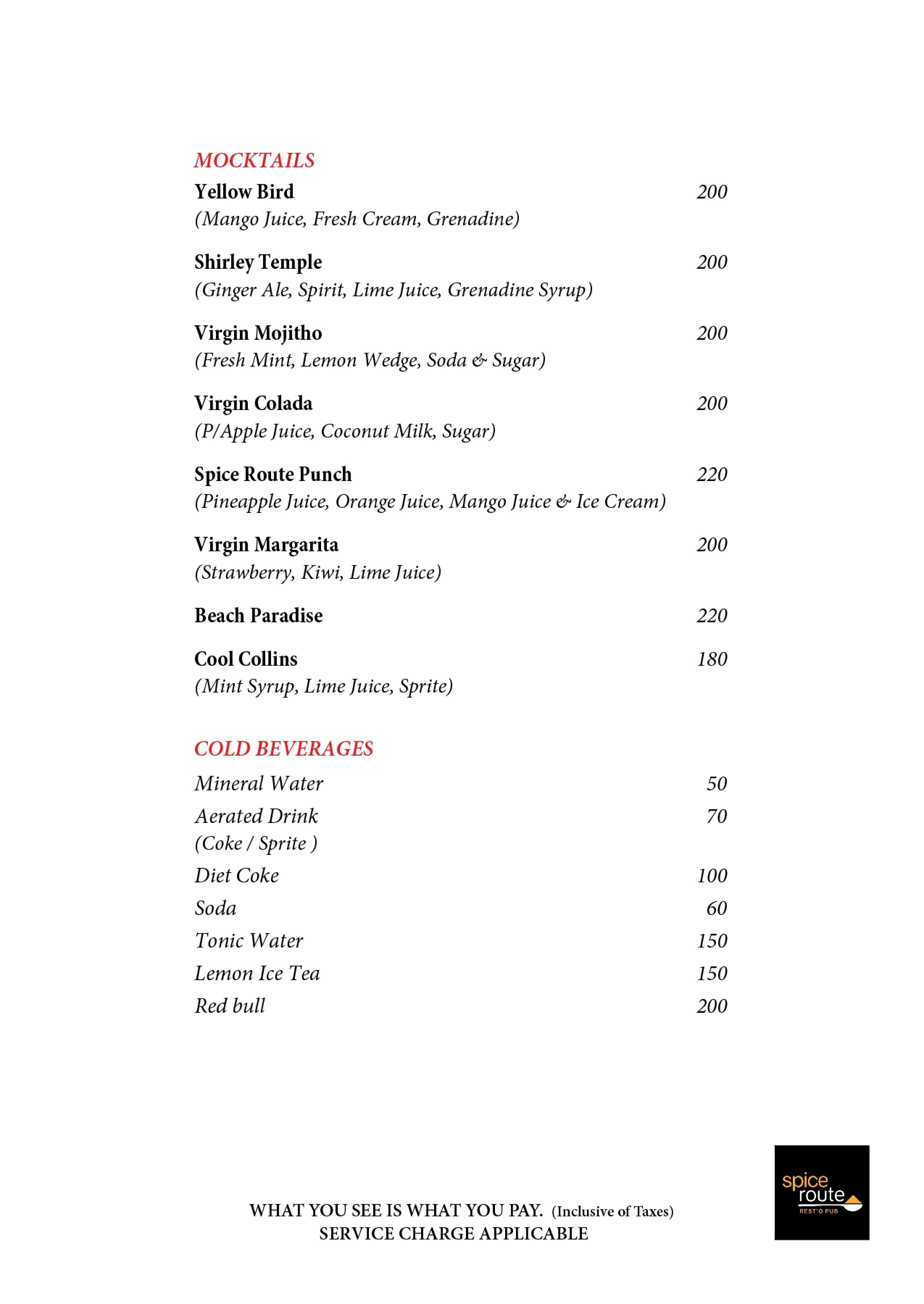 Menu at Spice Route, Puducherry