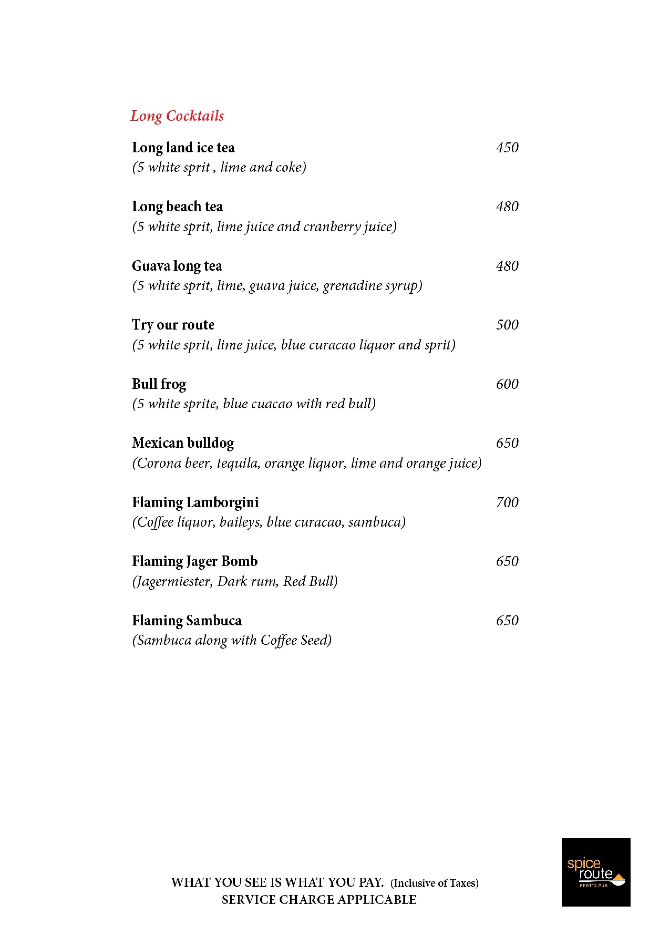 Menu at Spice Route, Puducherry