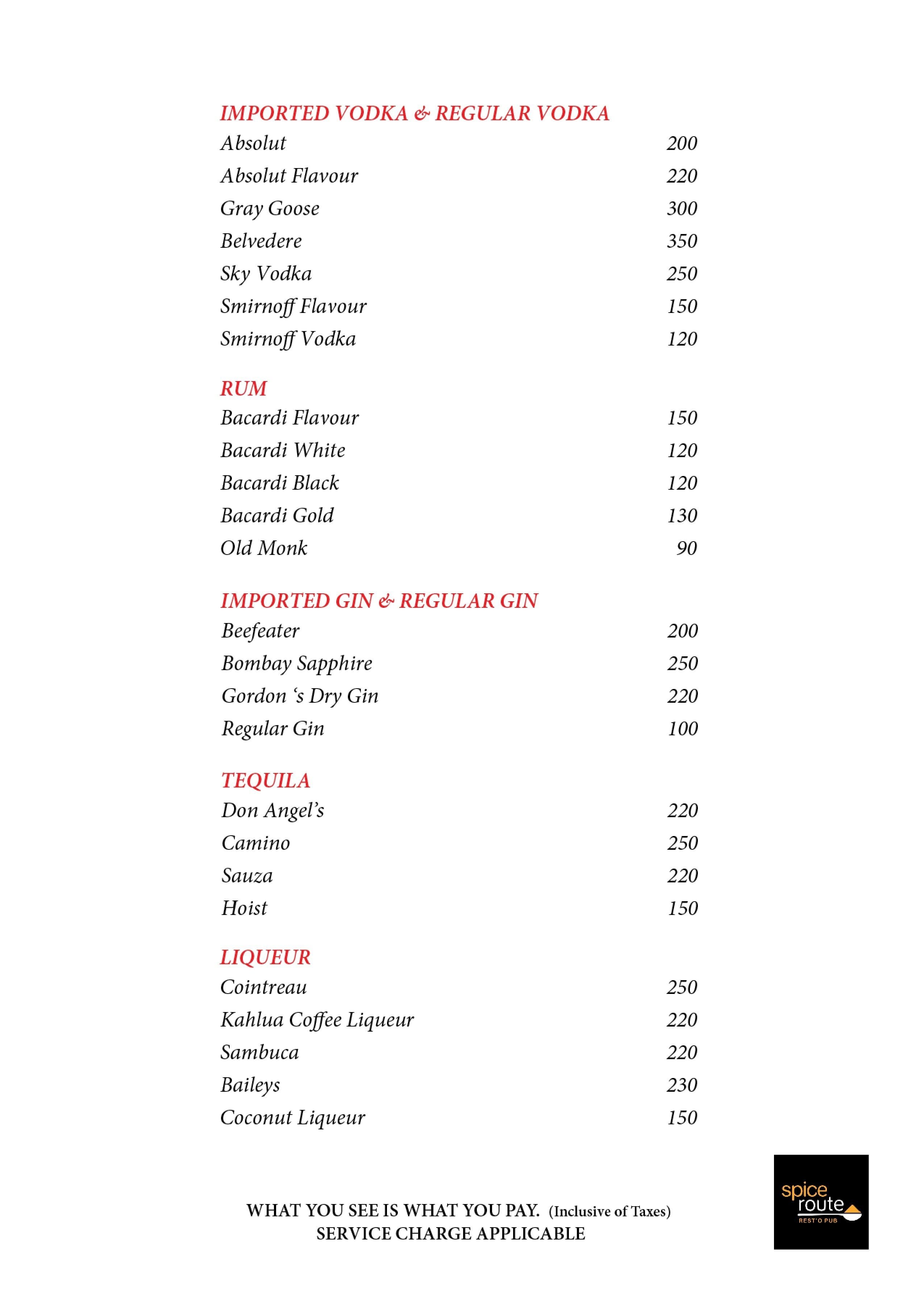 Menu at Spice Route, Puducherry