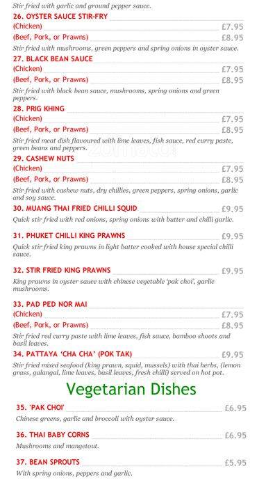 Menu at Muang Thai restaurant, London