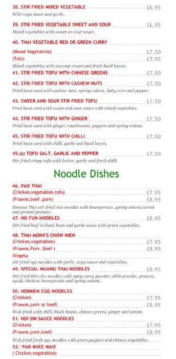 Menu at Muang Thai restaurant, London