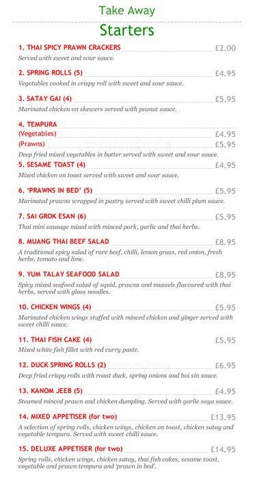 Menu at Muang Thai restaurant, London