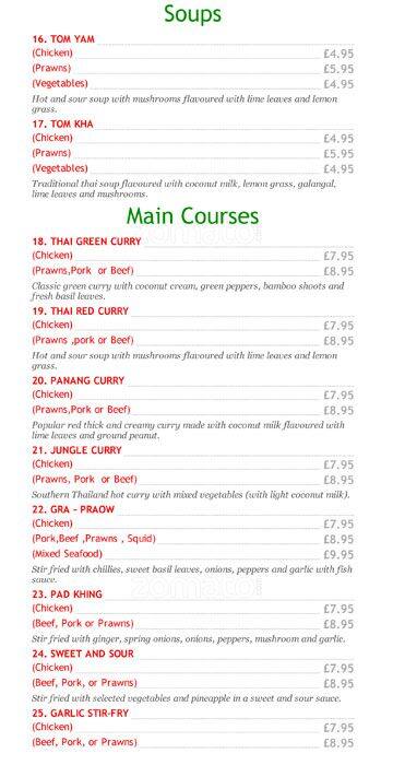 Menu at Muang Thai restaurant, London