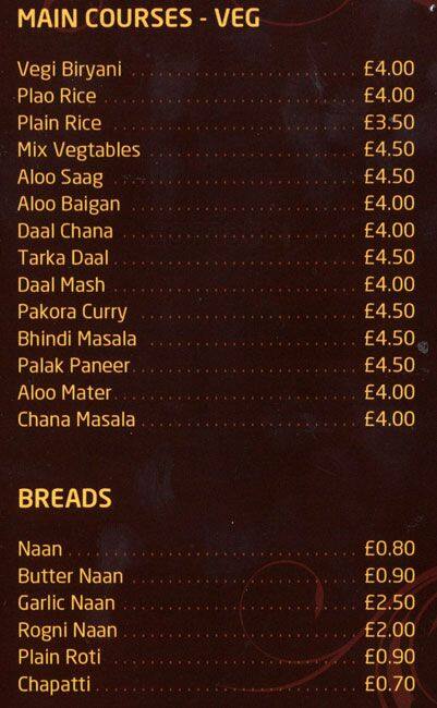 Menu at Ambala cafe, London, 72 The Broadway