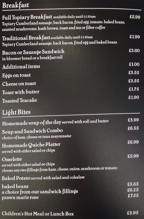 Menu at Topiary Coffee Shop cafe, Edinburgh